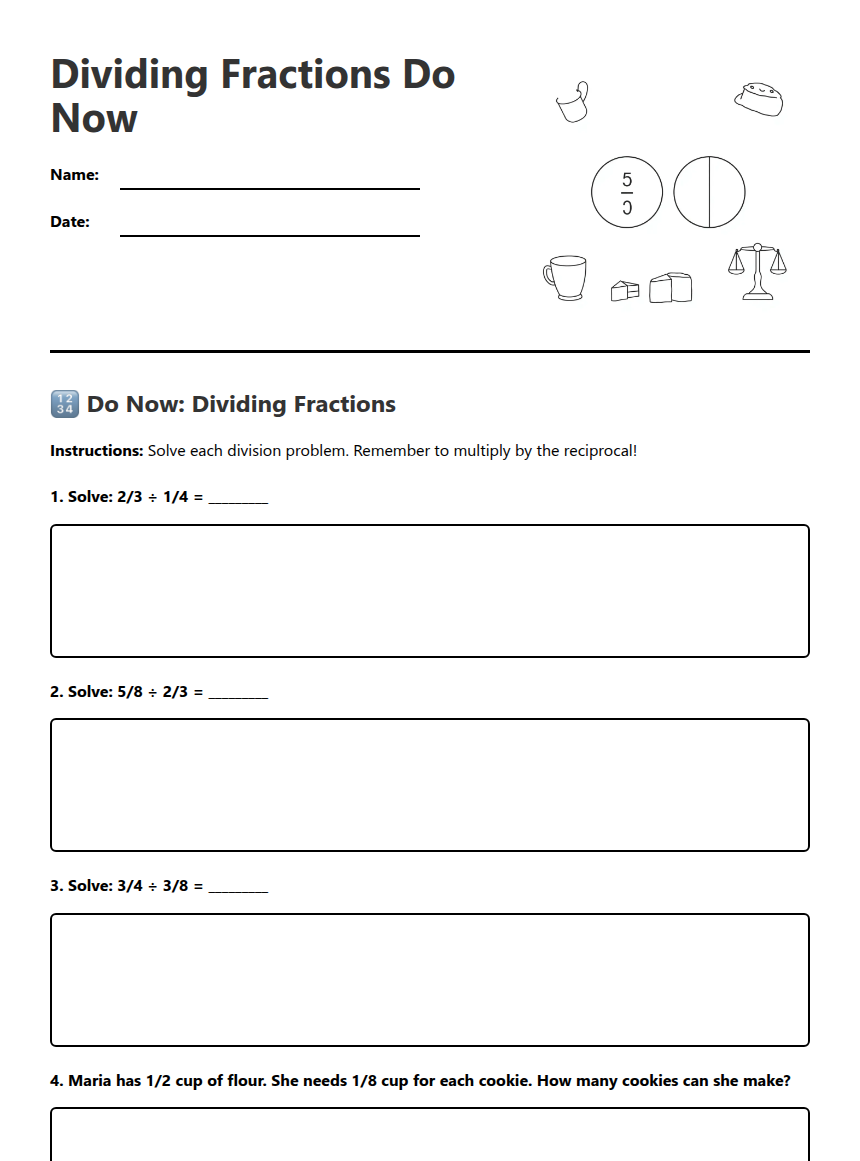 Dividing Fractions Do Now — Free Printable Worksheet for Mathematics ...