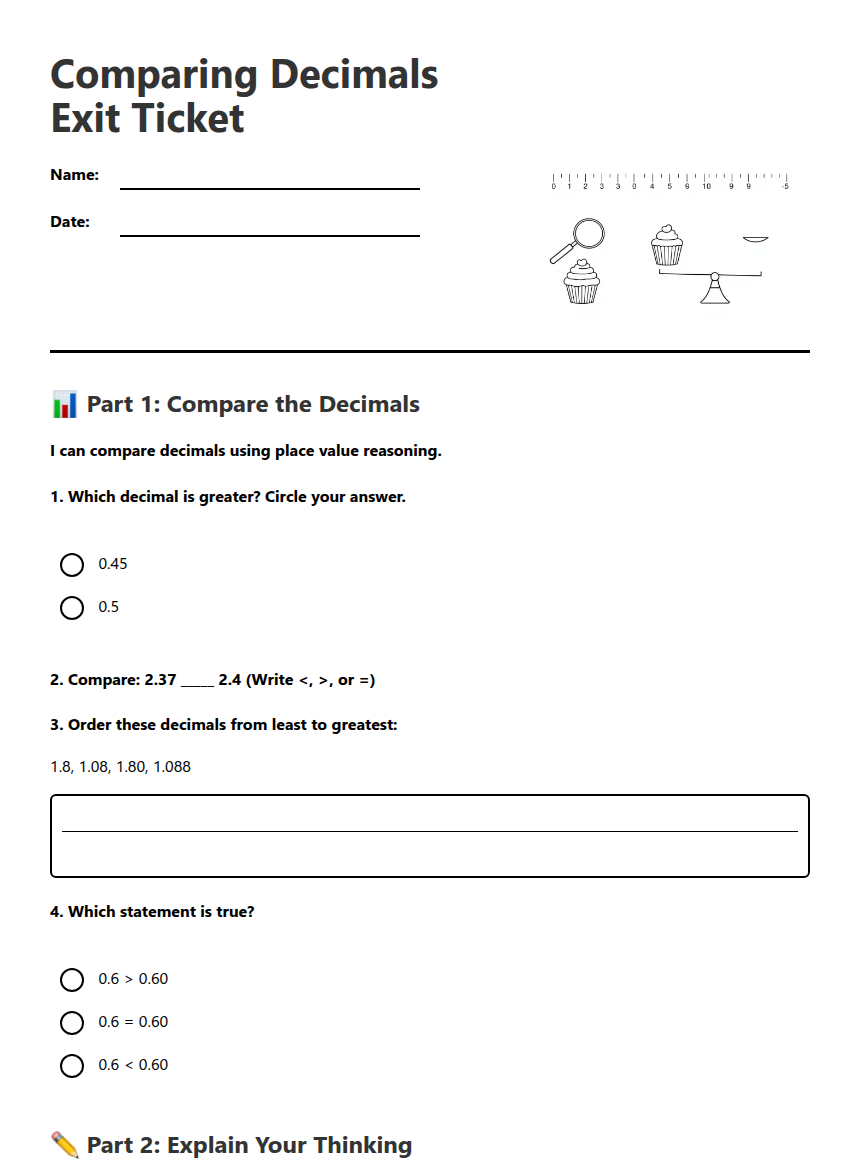 Comparing Decimals Exit Ticket — Free Printable Worksheet for ...