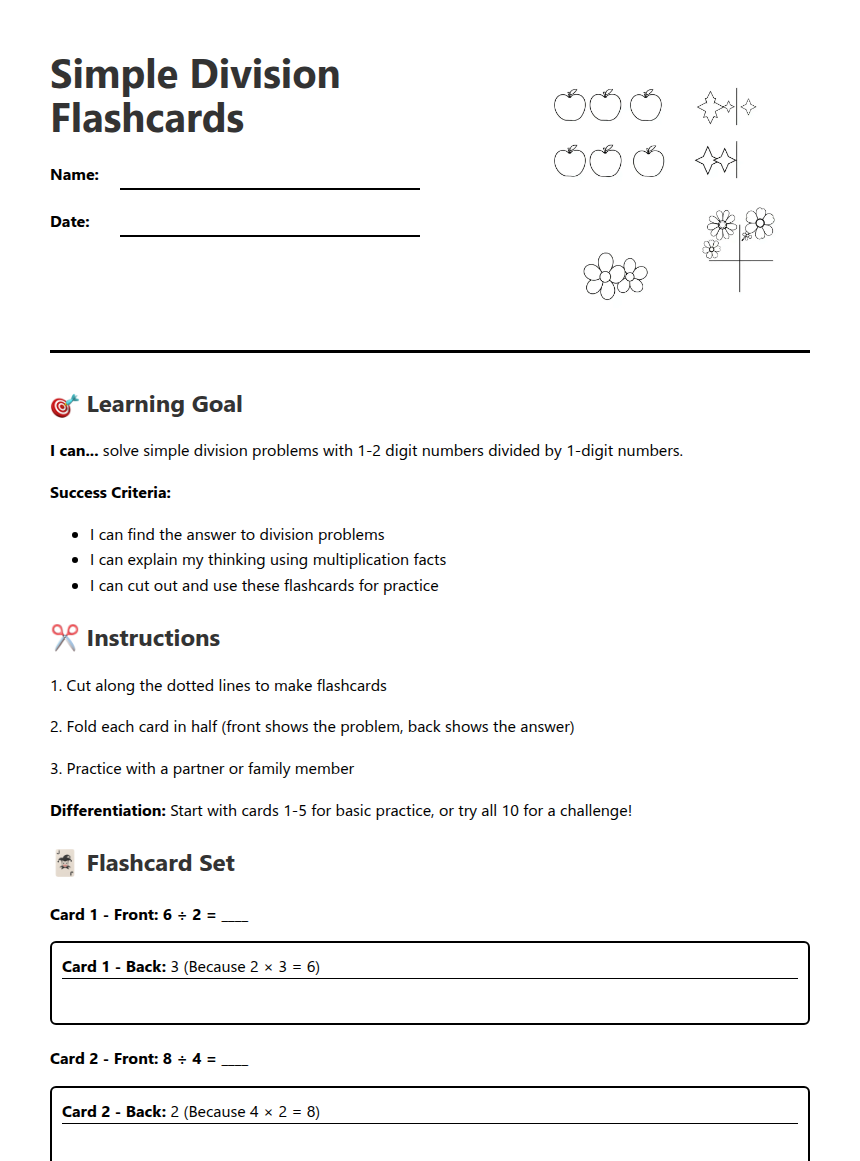 Simple Division Flashcards — Free Printable Worksheet for Mathematics ...