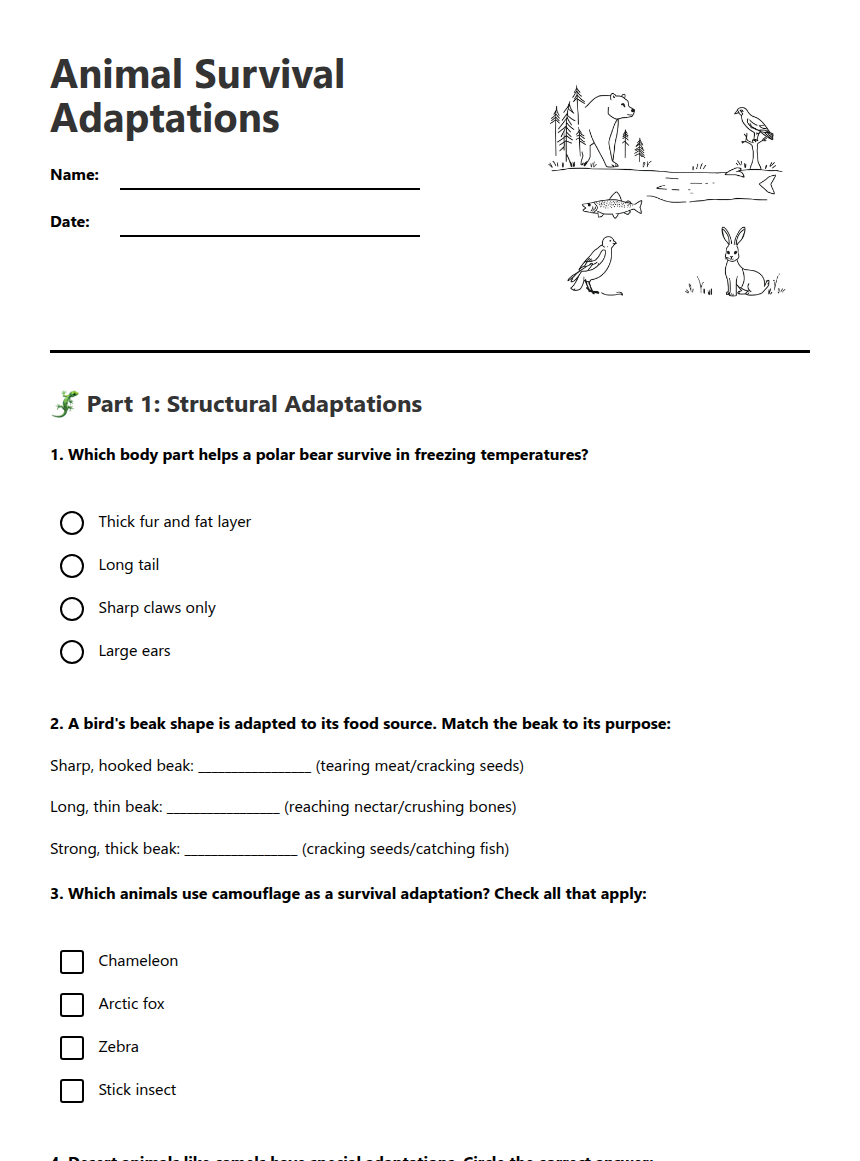 Animal Survival Adaptations — Free Printable Worksheet for Science ...