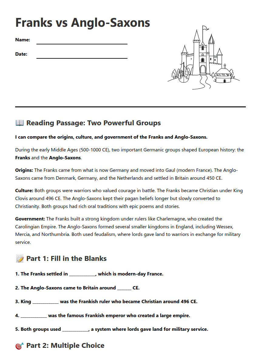 Franks vs Anglo-Saxons — Free Printable Worksheet for History | Kuraplan