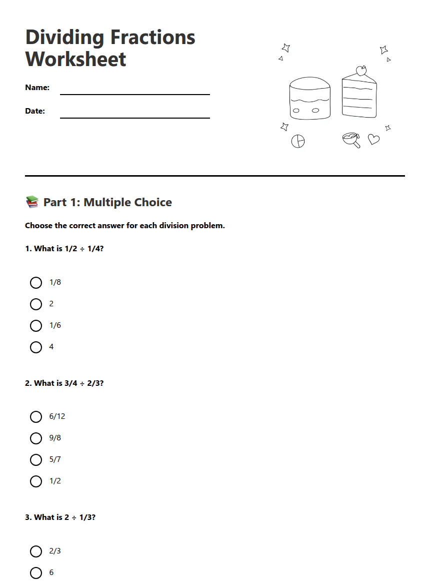 Dividing Fractions Worksheet — Free Printable Worksheet for Mathematics ...
