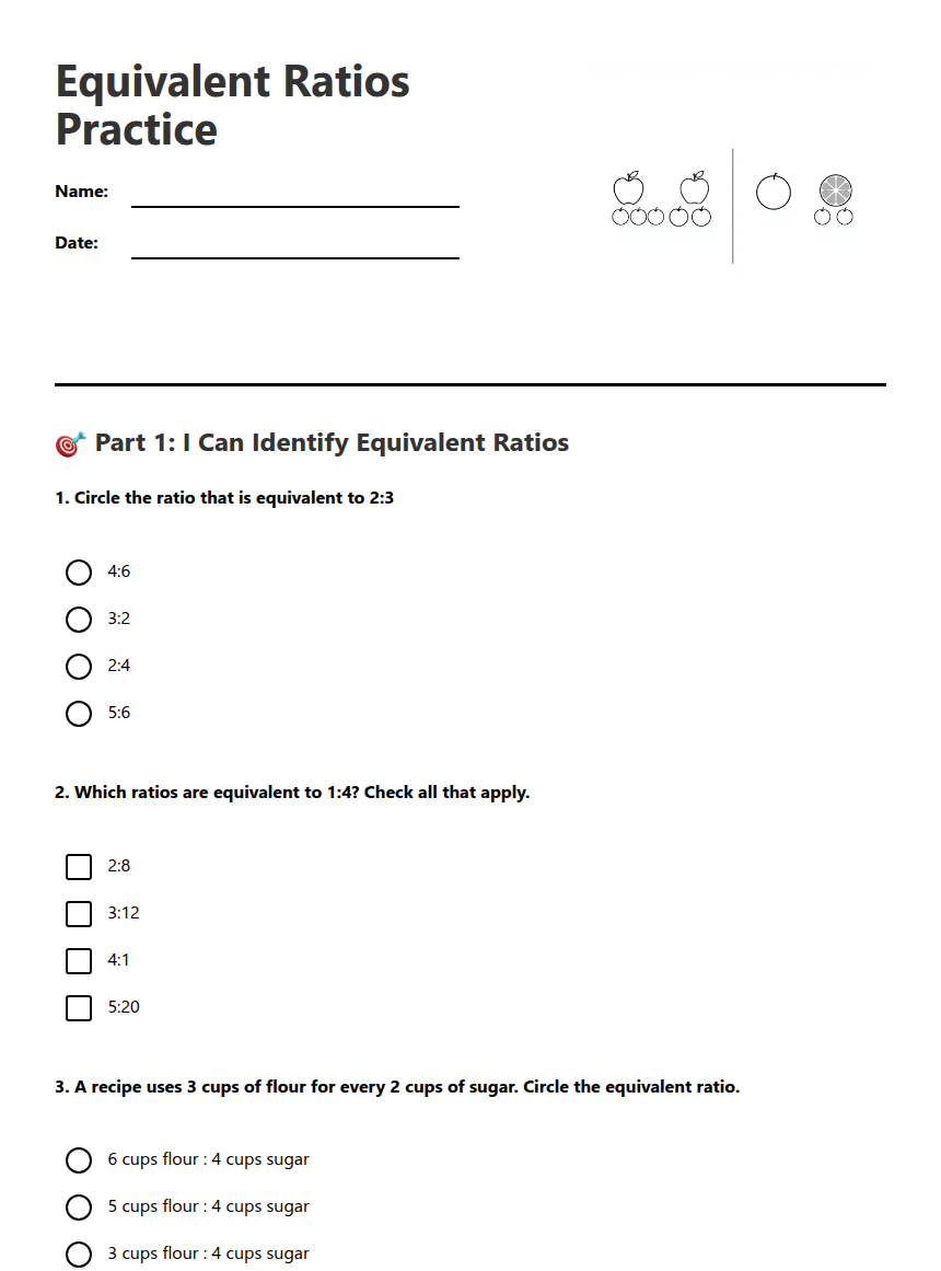 Equivalent Ratios Practice — Free Printable Worksheet for Mathematics ...