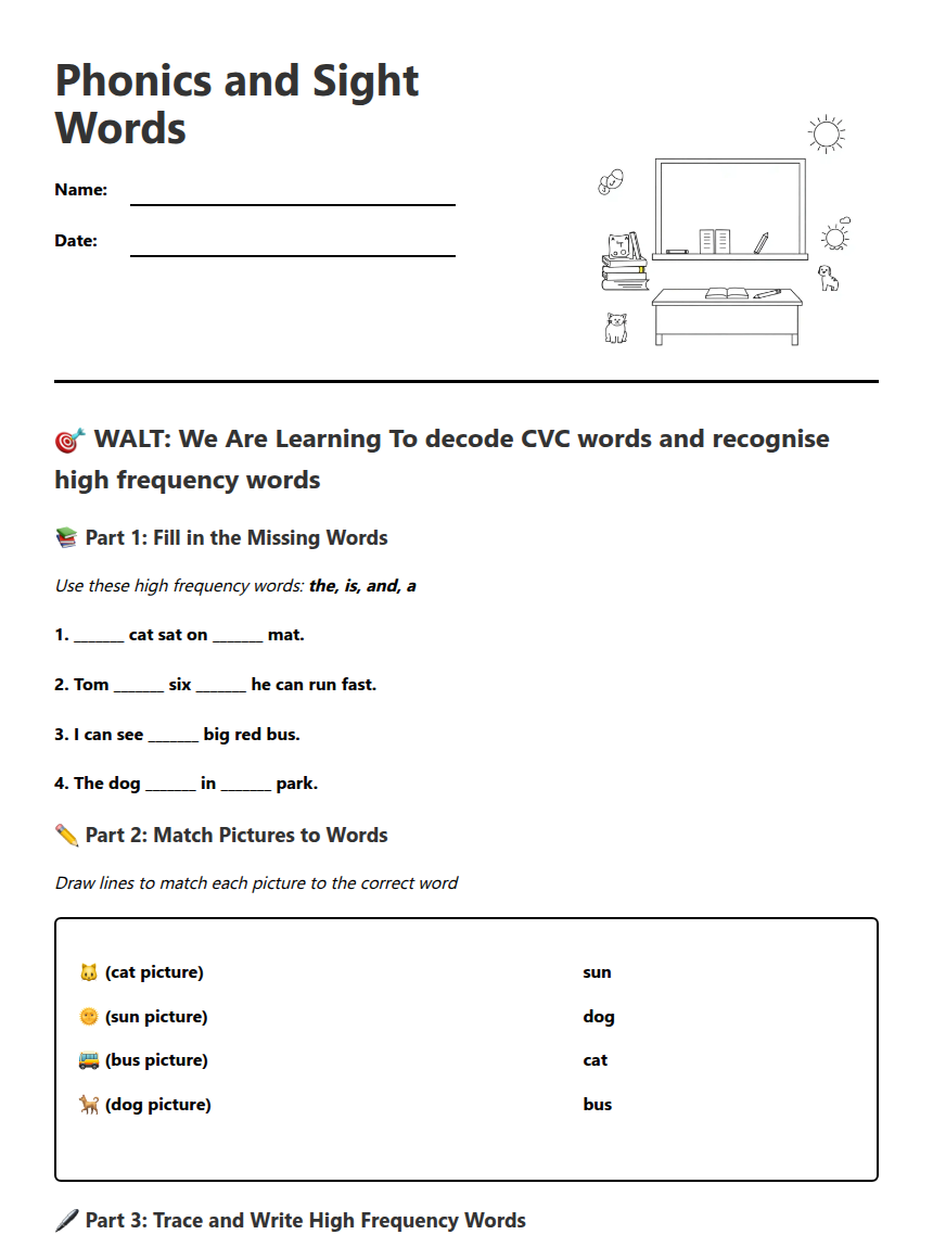 Phonics and Sight Words — Free Printable Worksheet for English | Kuraplan