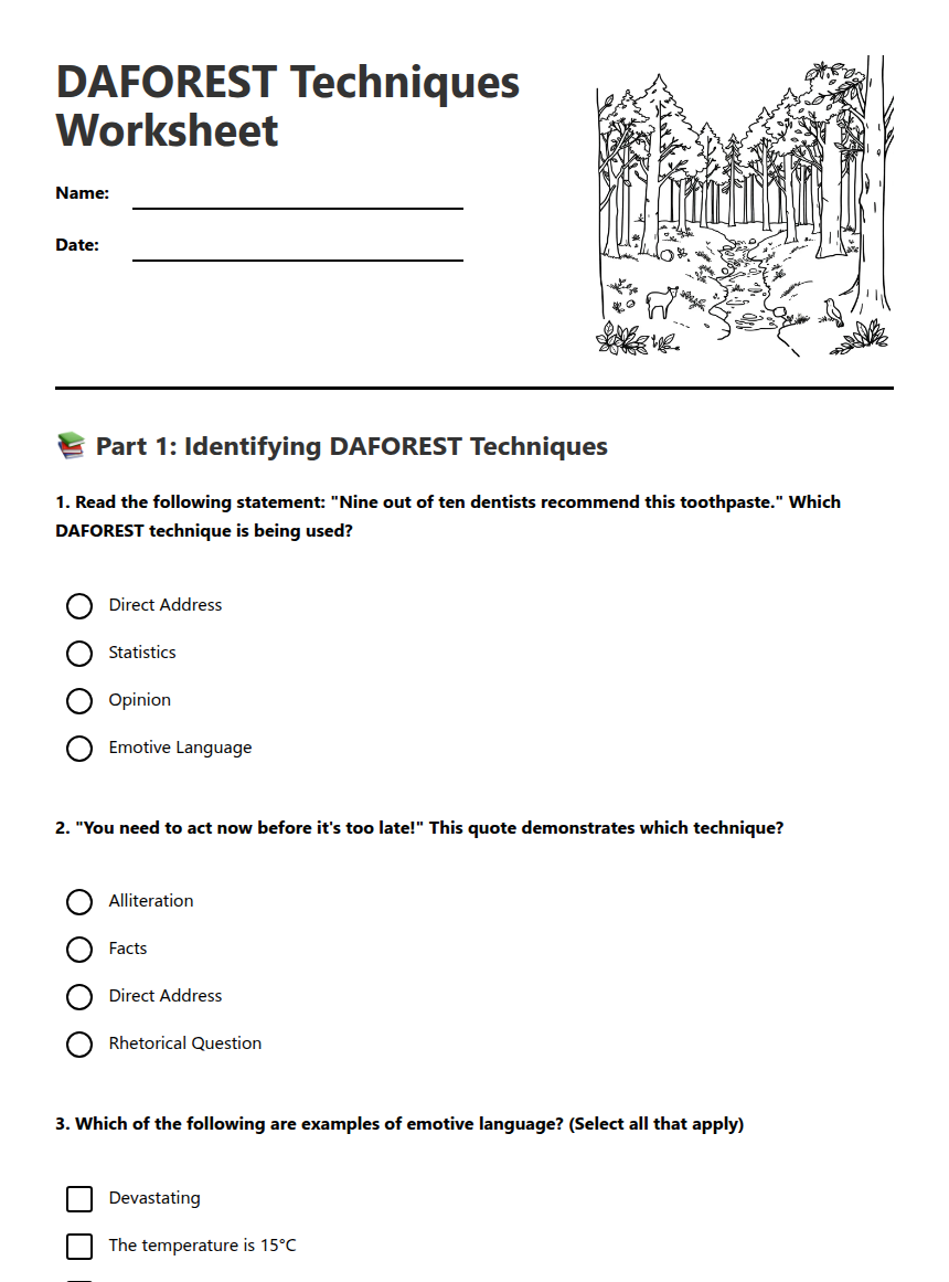 DAFOREST Techniques Worksheet — Free Printable Worksheet for English ...