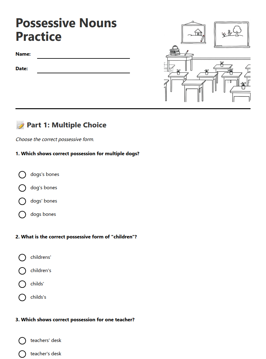 Possessive Nouns Practice — Free Printable Worksheet for English (ELA ...