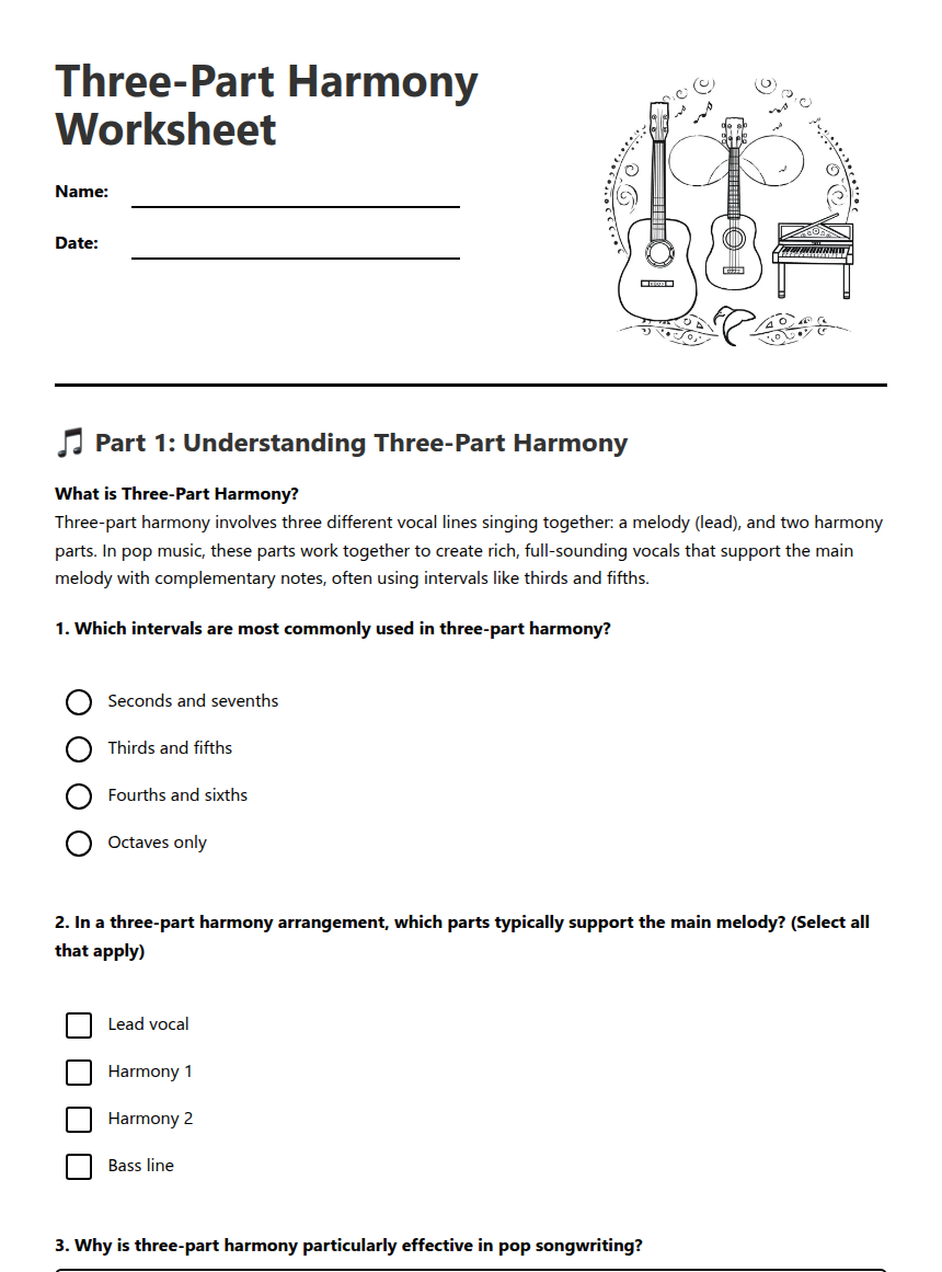 Three-Part Harmony Worksheet — Free Printable Worksheet for Music ...