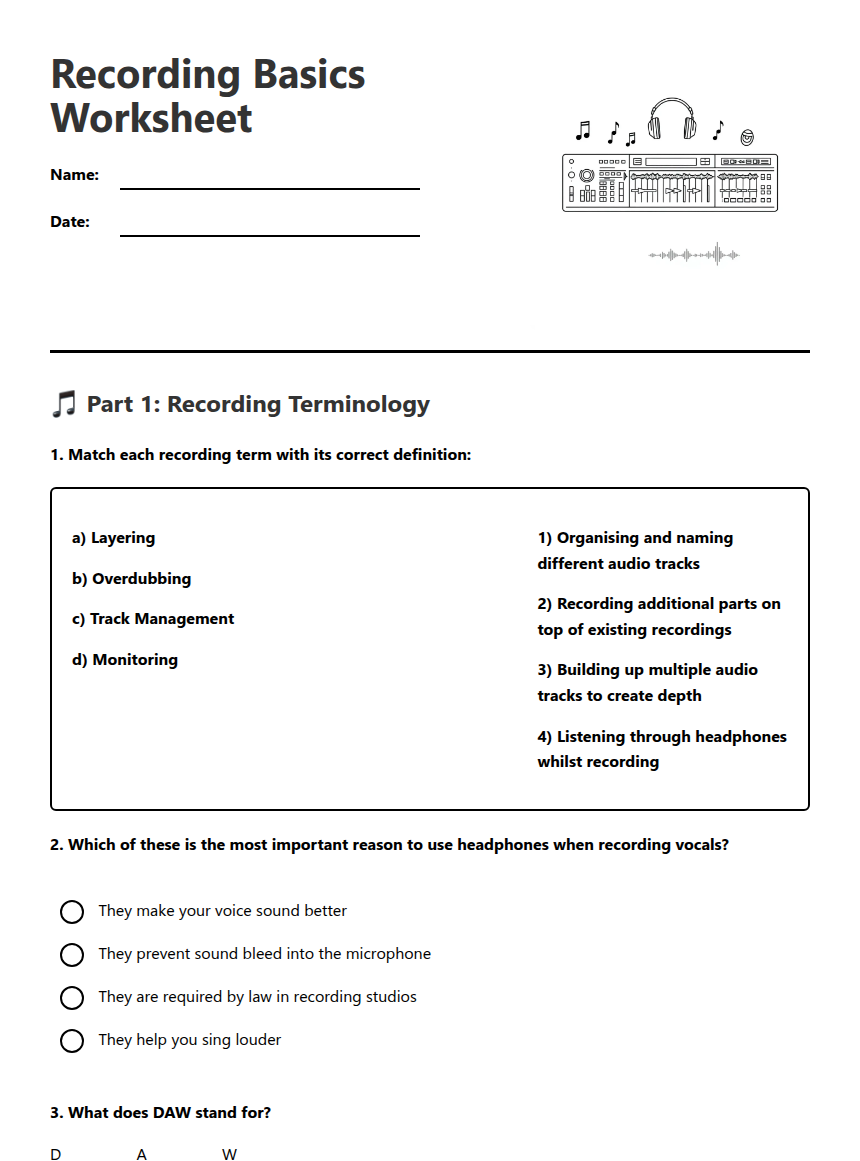 Recording Basics Worksheet — Free Printable Worksheet for Music | Kuraplan