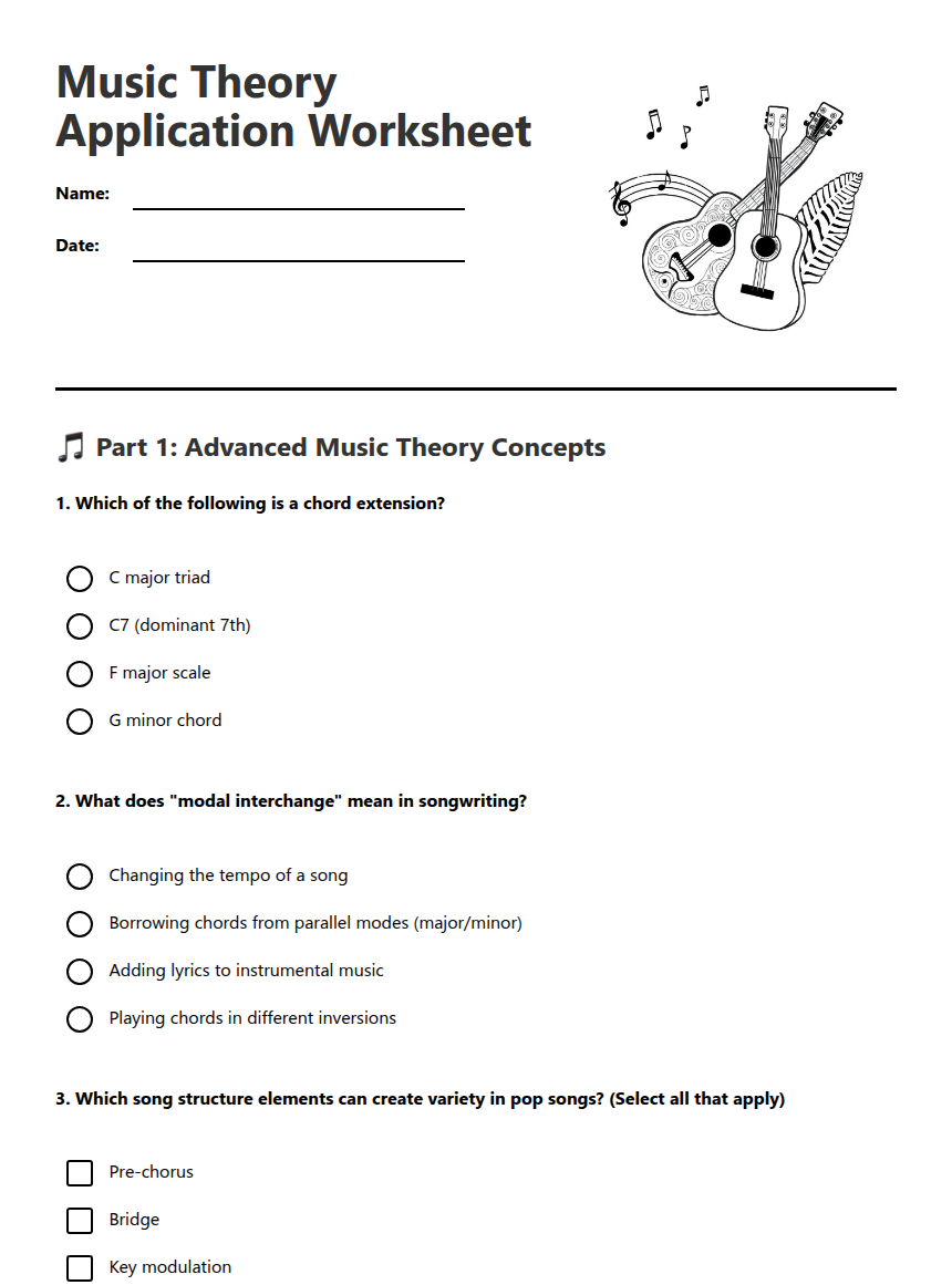 Music Theory Application Worksheet — Free Printable Worksheet for Music ...