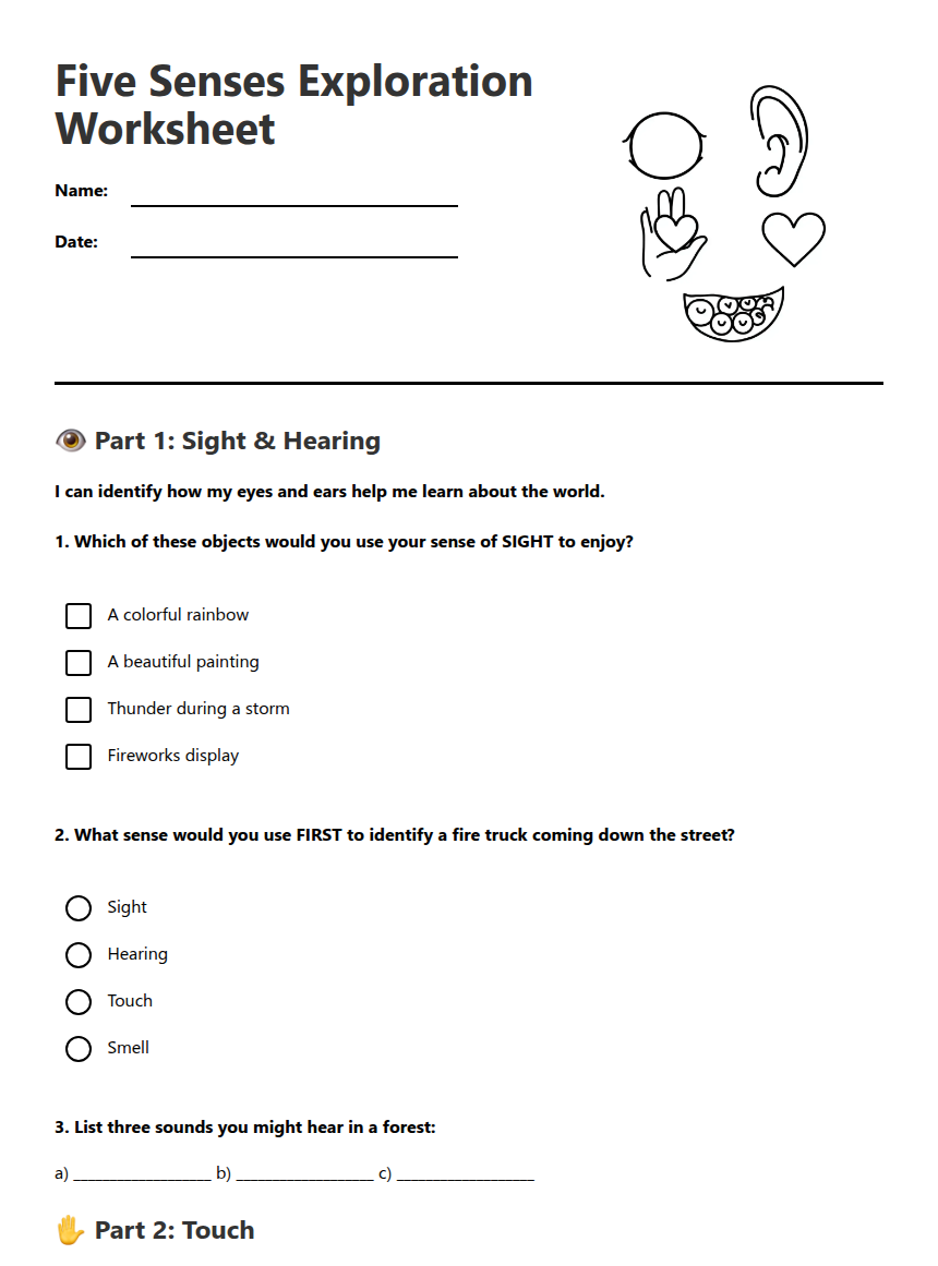 Five Senses Exploration Worksheet — Free Printable Worksheet for ...