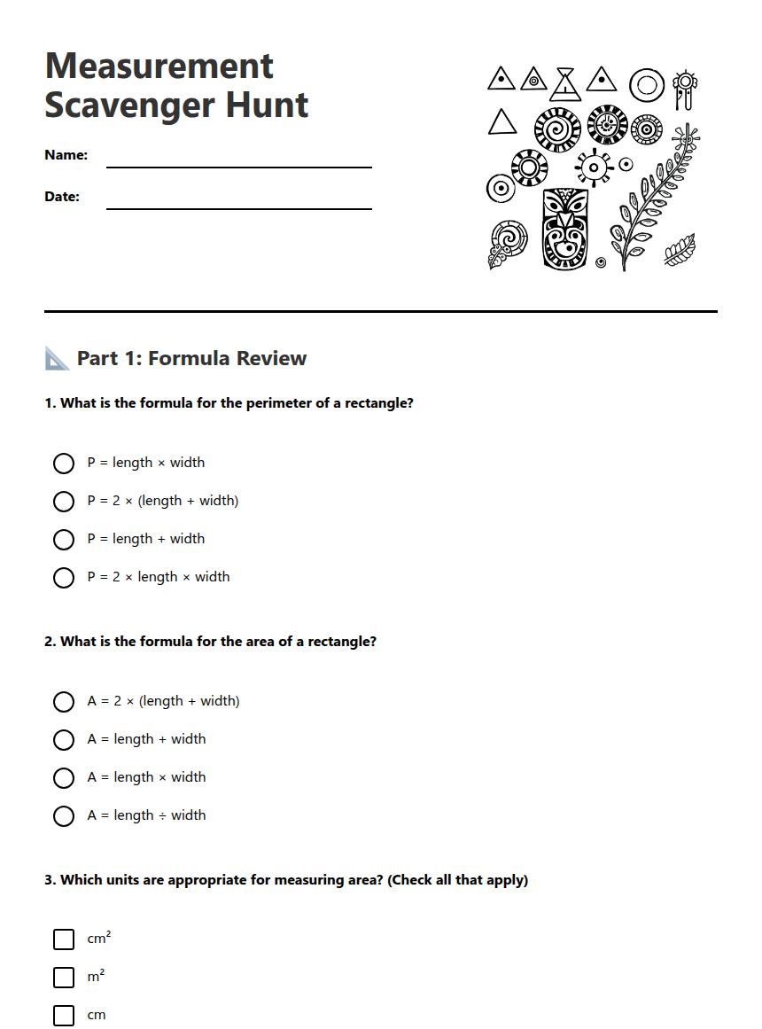 Measurement Scavenger Hunt — Free Printable Worksheet for Maths | Kuraplan