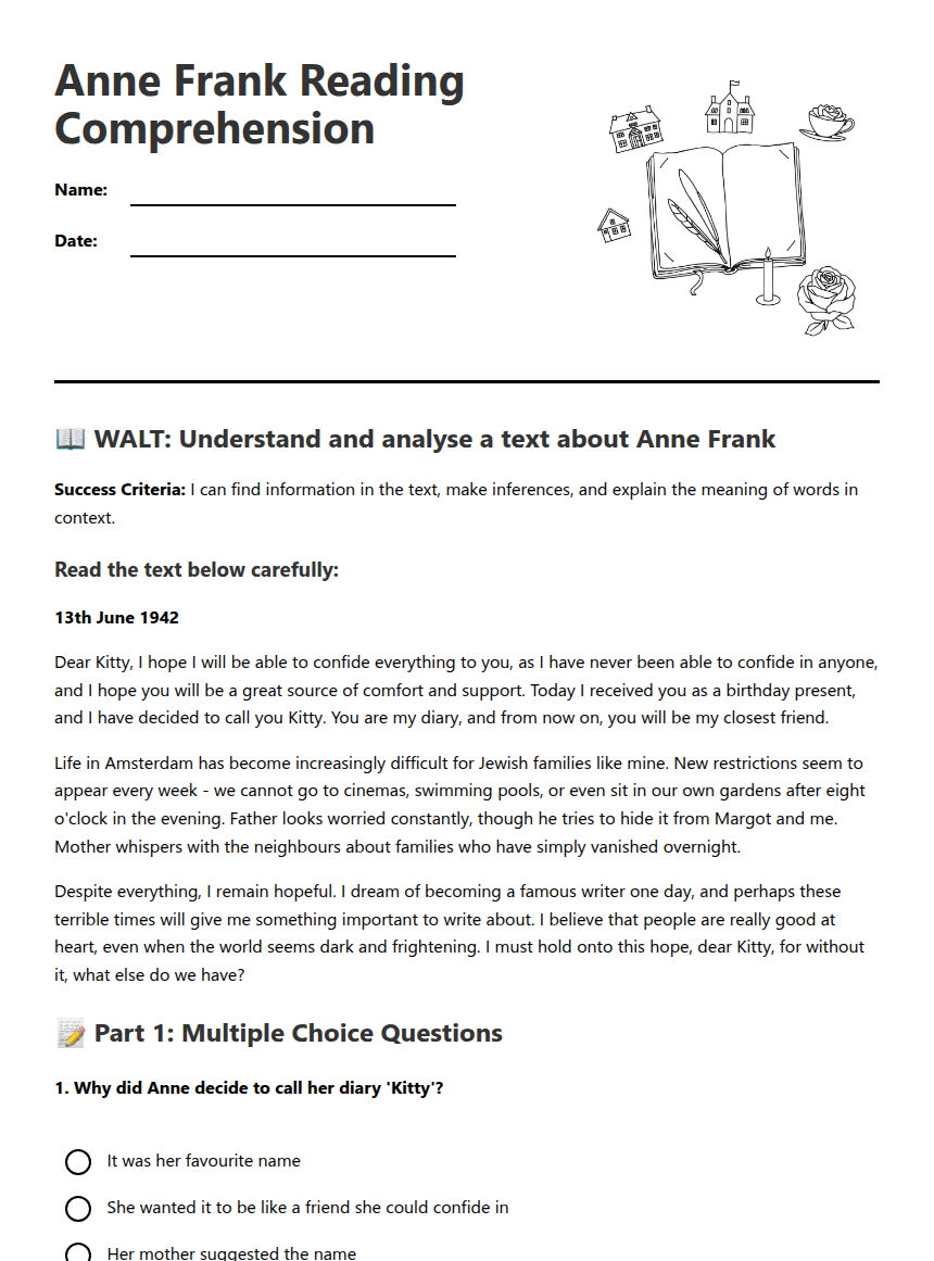 Anne Frank Reading Comprehension — Free Printable Worksheet for English ...