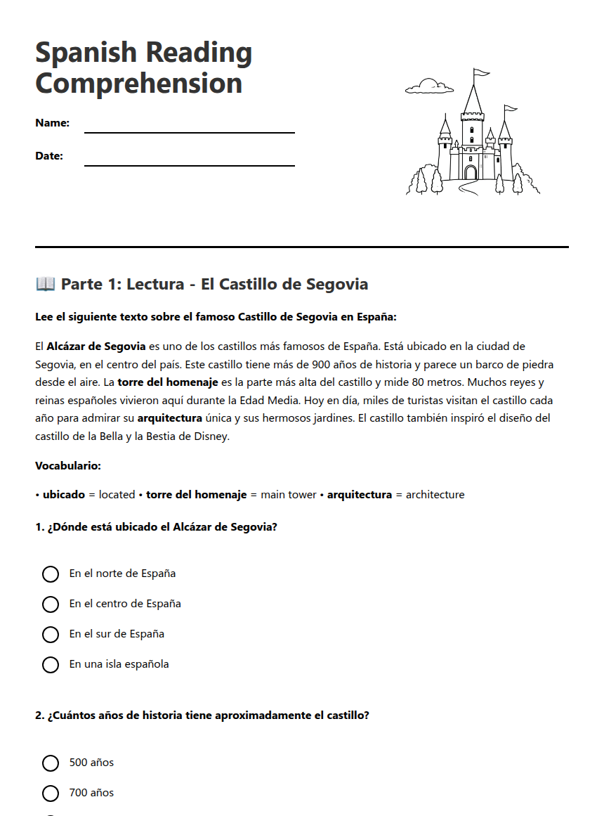 Spanish Reading Comprehension — Free Printable Worksheet for Languages ...