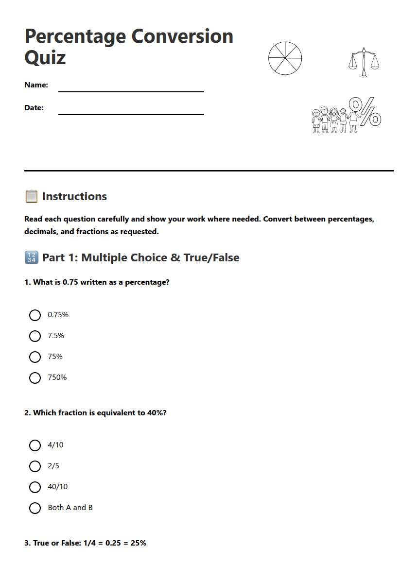 Percentage Conversion Quiz — Free Printable Worksheet for Mathematics ...