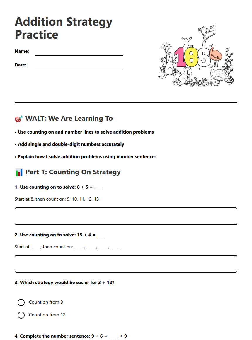 Addition Strategy Practice — Free Printable Worksheet for Maths | Kuraplan