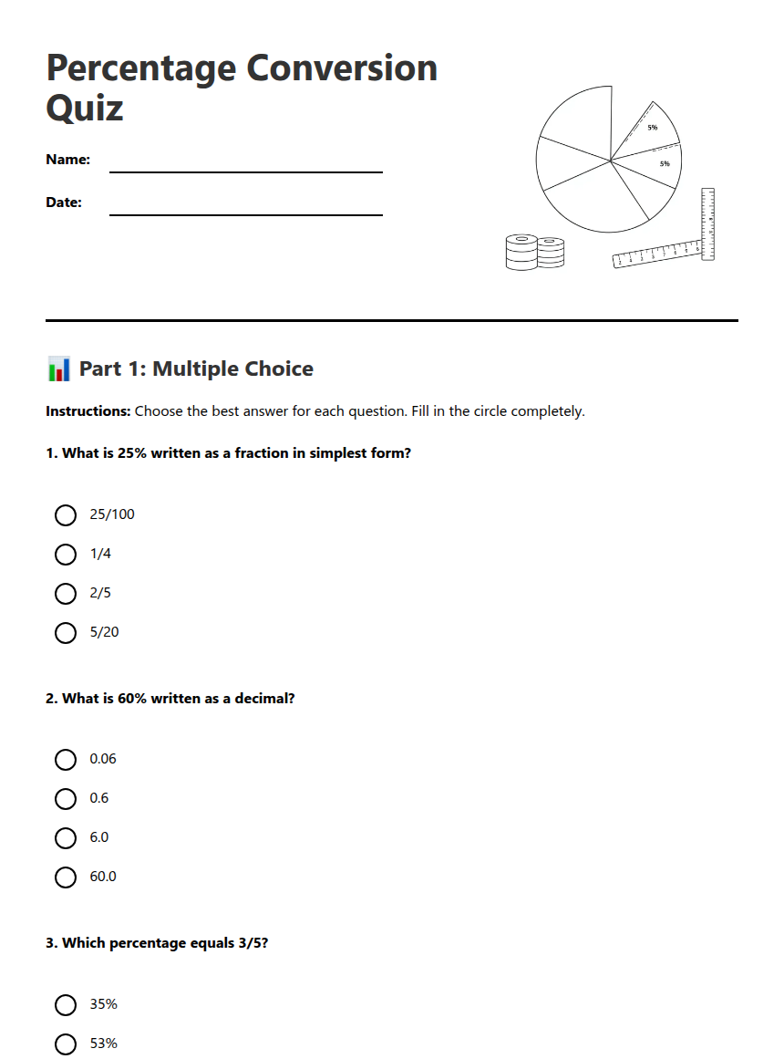 Percentage Conversion Quiz — Free Printable Worksheet for Mathematics ...