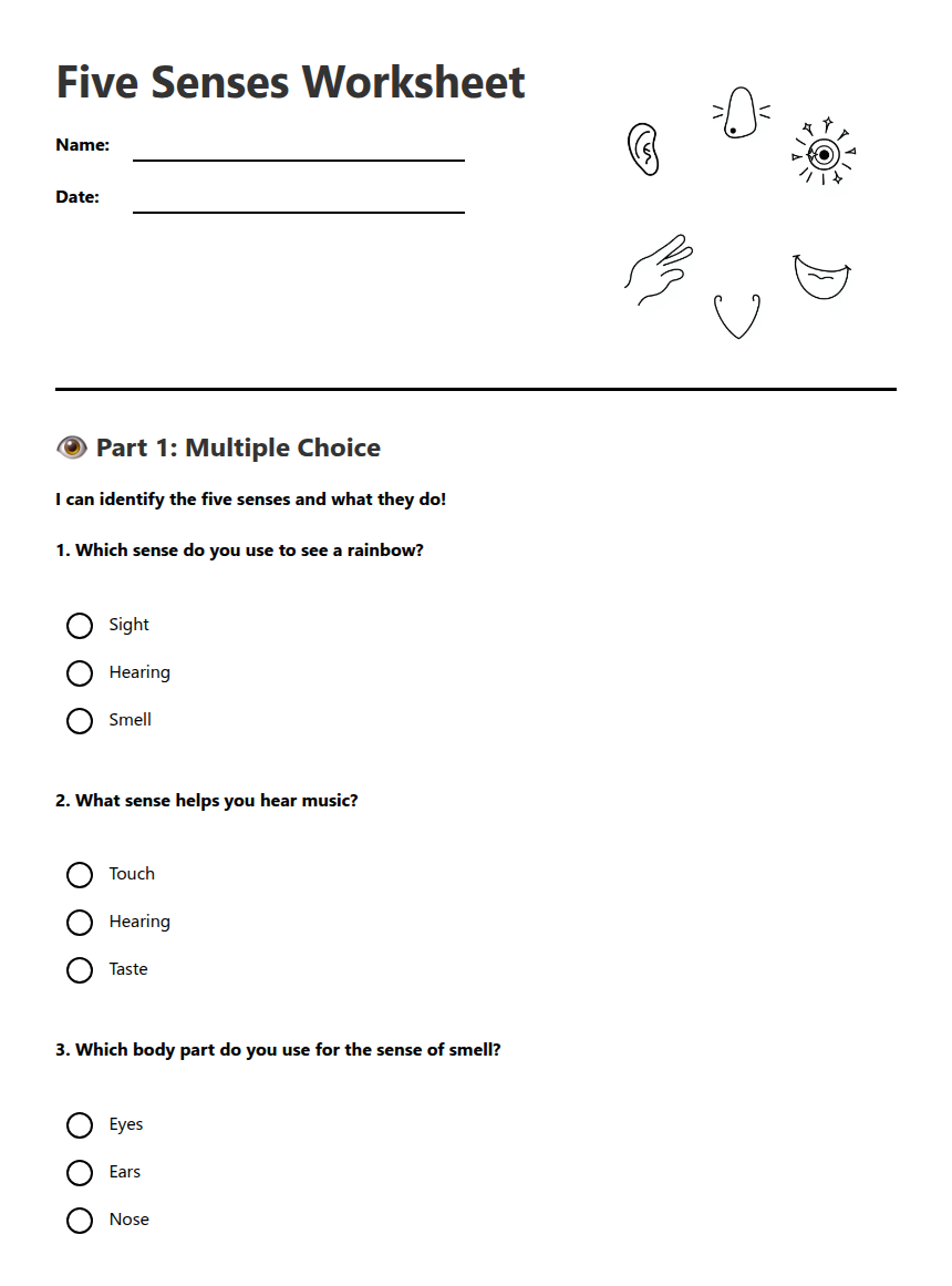 Five Senses Worksheet — Free Printable Worksheet for Science | Kuraplan