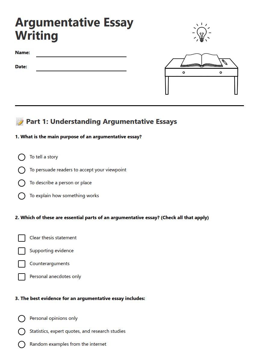 Argumentative Essay Writing — Free Printable Worksheet for English (ELA ...