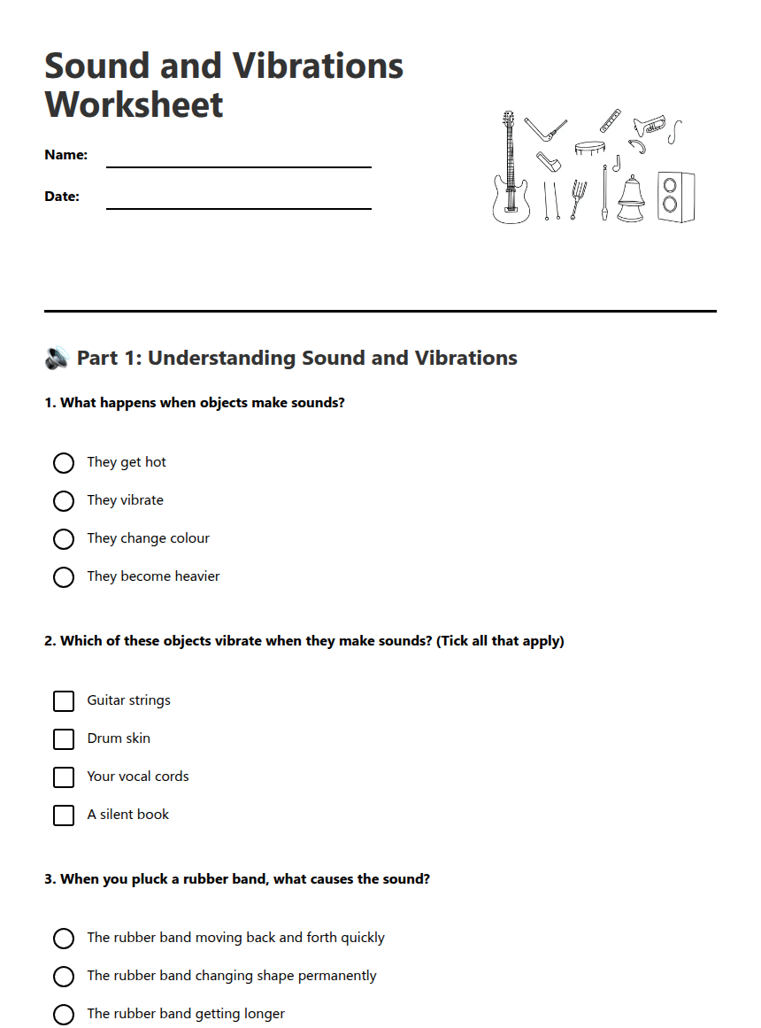 Sound and Vibrations Worksheet — Free Printable Worksheet for Science ...