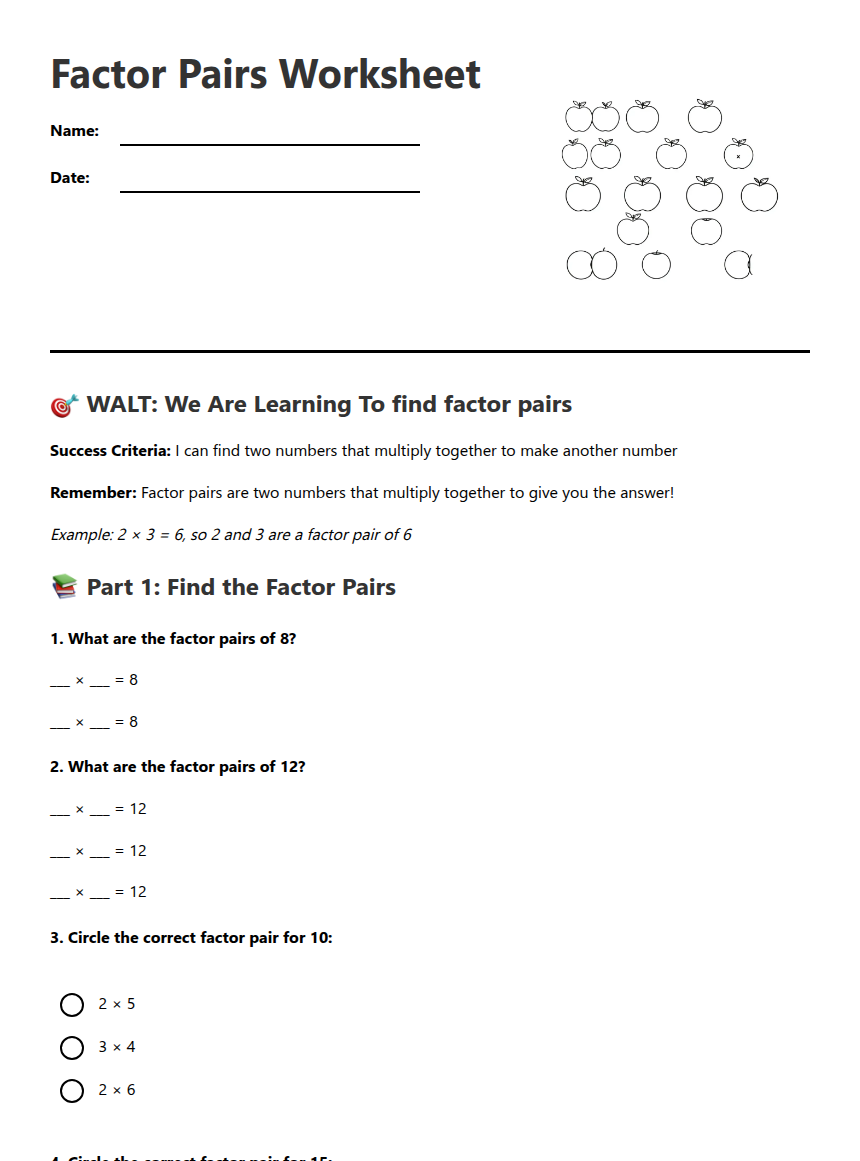 Factor Pairs Worksheet — Free Printable Worksheet for Maths | Kuraplan