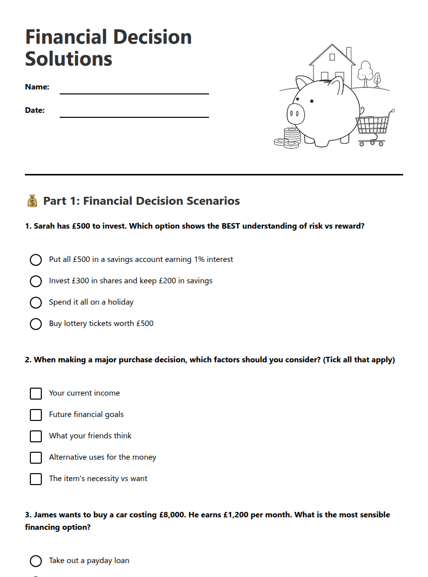Financial Decision Solutions — Free Printable Worksheet for Maths ...