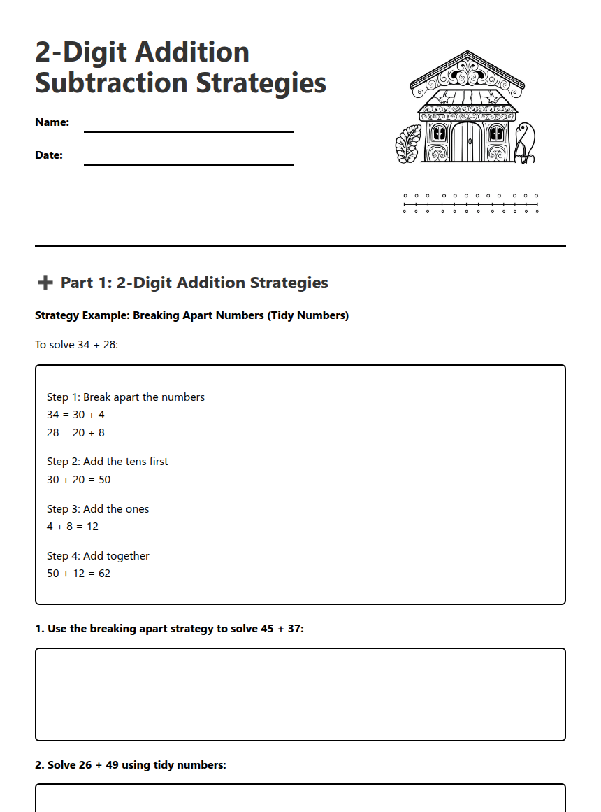 2-Digit Addition Subtraction Strategies — Free Printable Worksheet for ...