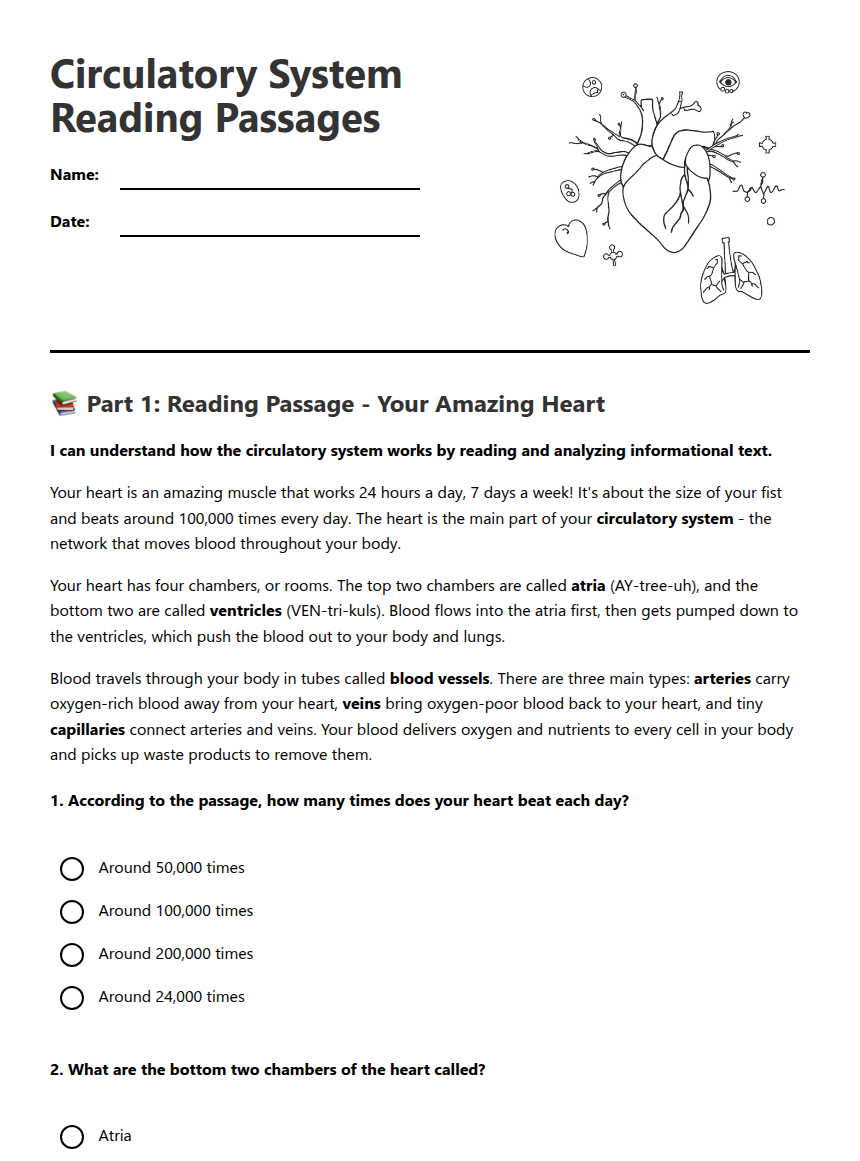 Circulatory System Reading Passages — Free Printable Worksheet for ...
