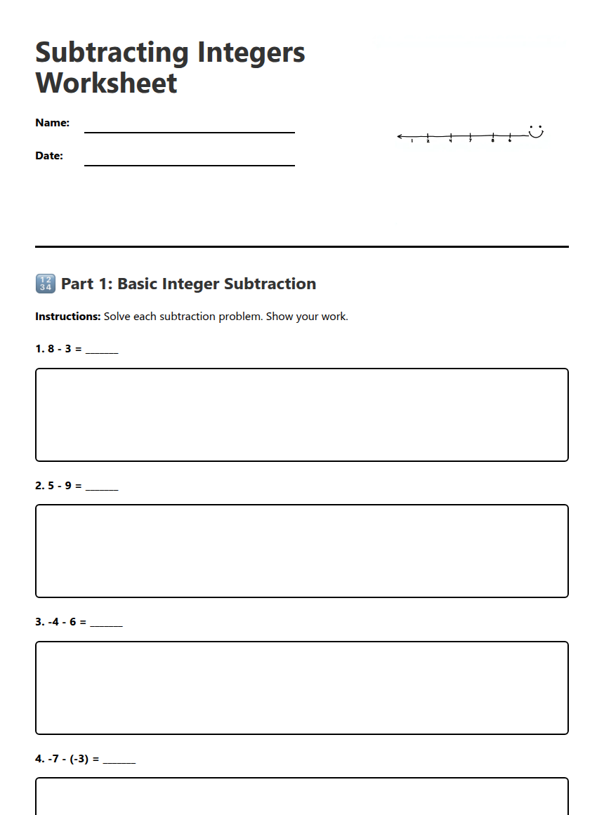 Subtracting Integers Worksheet | Kuraplan