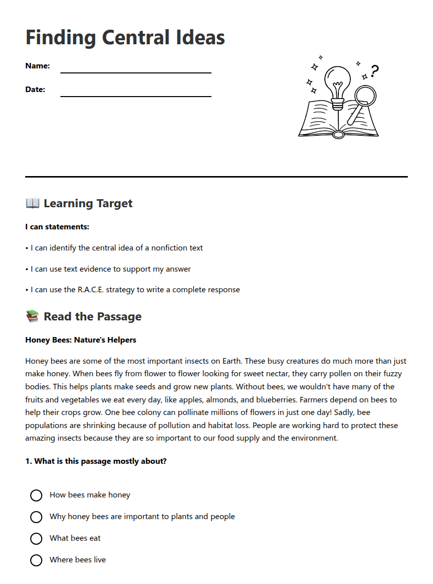 Finding Central Ideas — Free Printable Worksheet for English (ELA ...