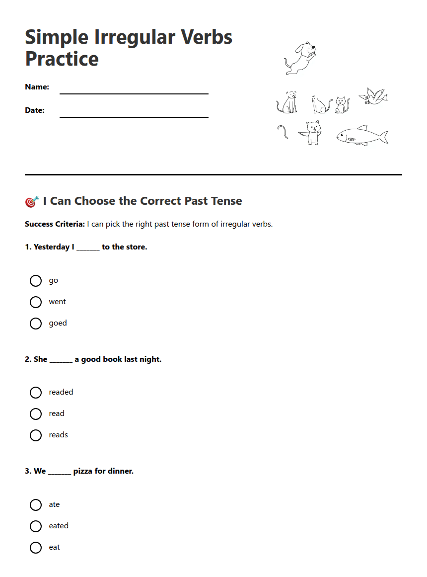 Simple Irregular Verbs Practice — Free Printable Worksheet for English ...