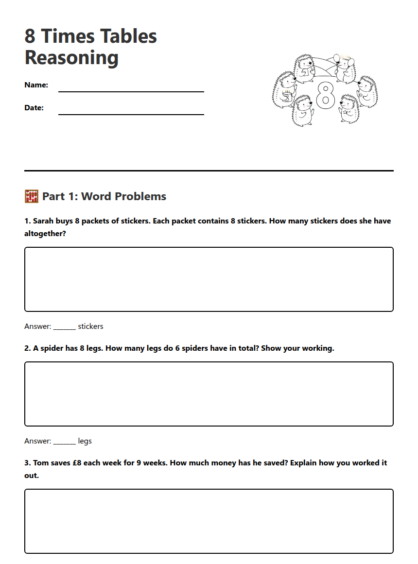 8 Times Tables Reasoning — Free Printable Worksheet for Maths | Kuraplan