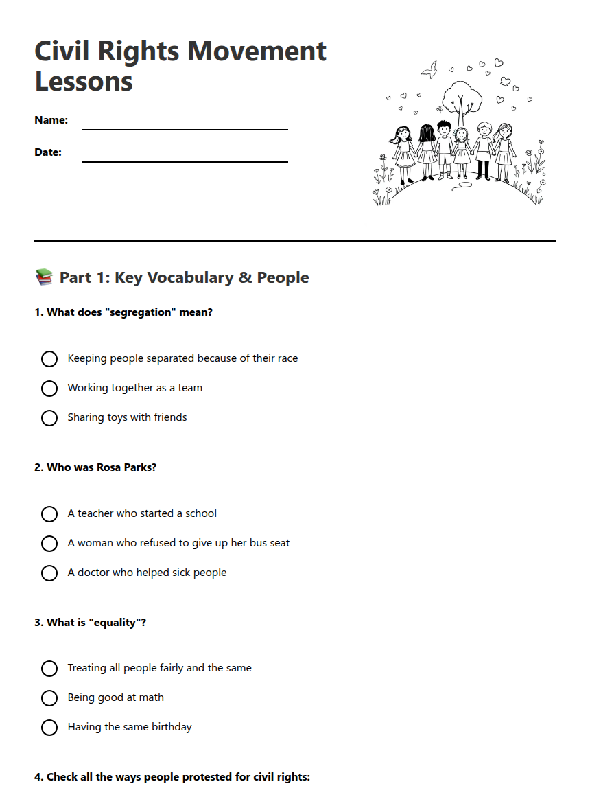 Civil Rights Movement Lessons — Free Printable Worksheet for Social ...