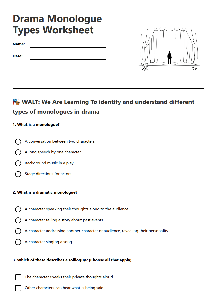 Drama Monologue Types Worksheet — Free Printable Worksheet for English ...