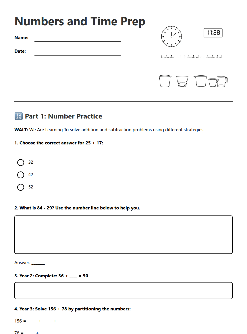 Numbers and Time Prep — Free Printable Worksheet for Maths | Kuraplan