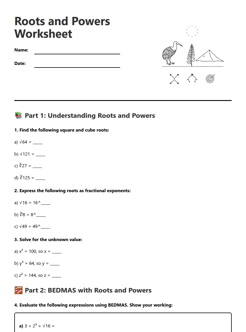 Roots and Powers Worksheet — Free Printable Worksheet for Maths | Kuraplan
