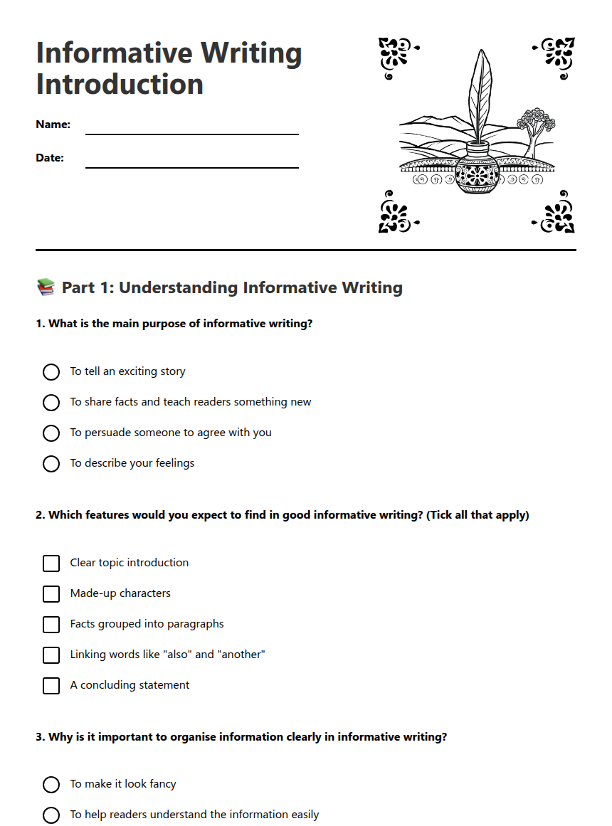 Informative Writing Introduction — Free Printable Worksheet for English ...