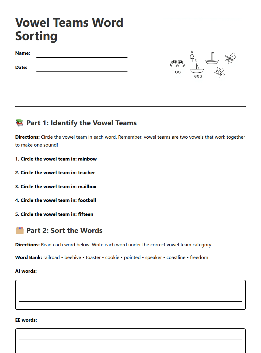 Vowel Teams Word Sorting — Free Printable Worksheet for English (ELA ...