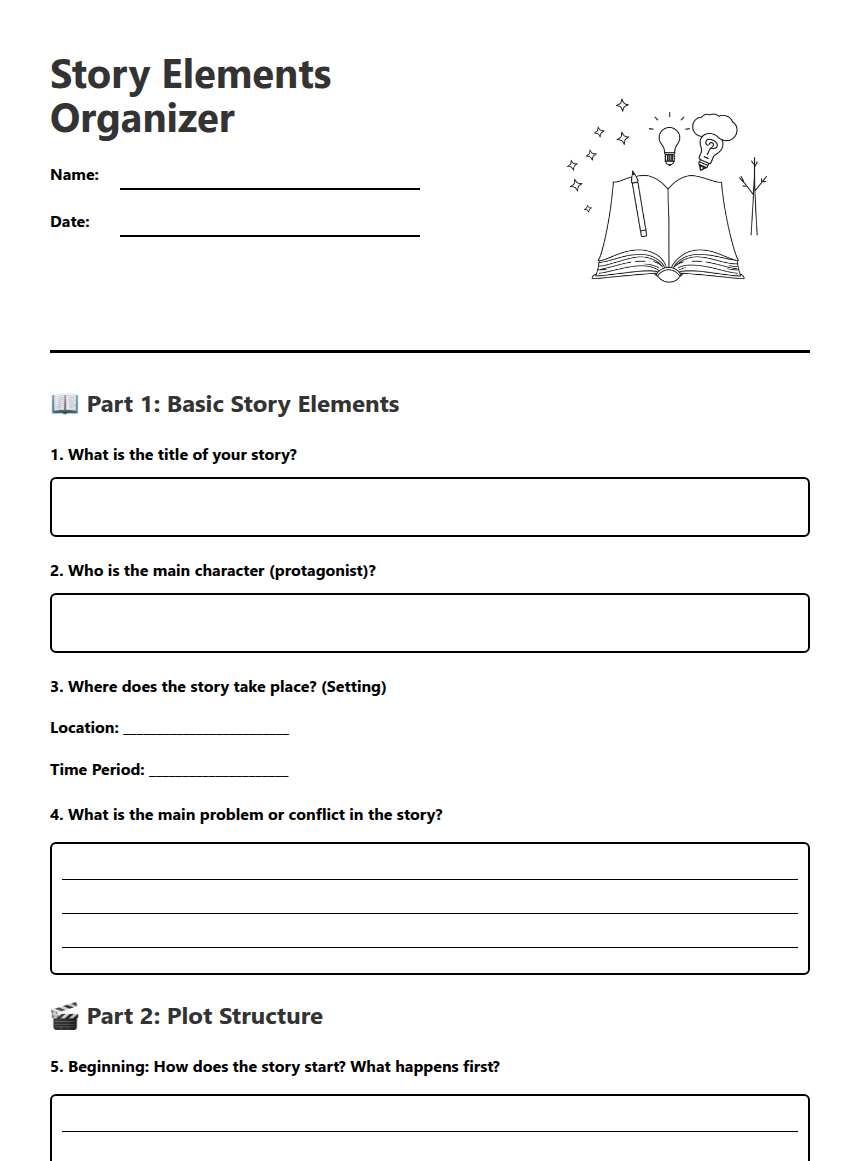 Story Elements Organizer — Free Printable Worksheet for English (ELA ...