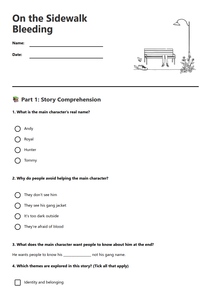 On the Sidewalk Bleeding — Free Printable Worksheet for English | Kuraplan
