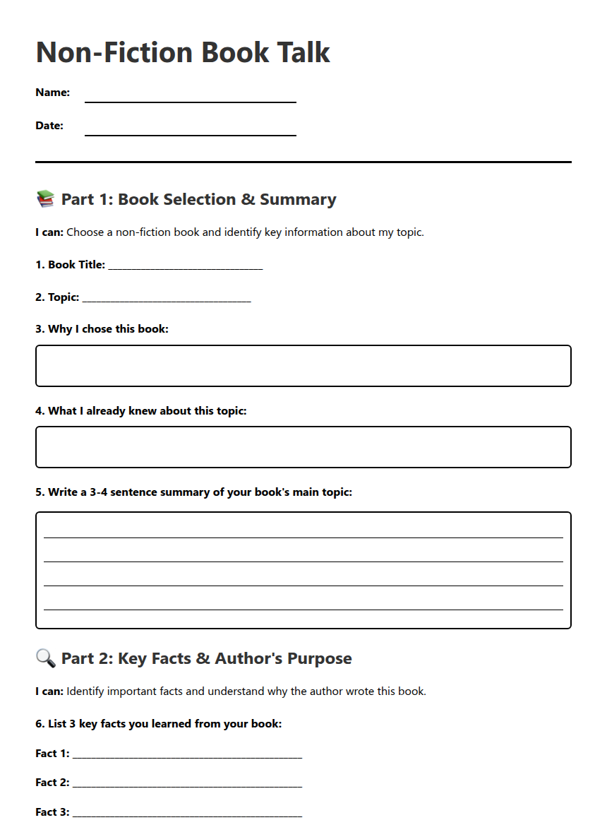 Non-Fiction Book Talk — Free Printable Worksheet for English | Kuraplan