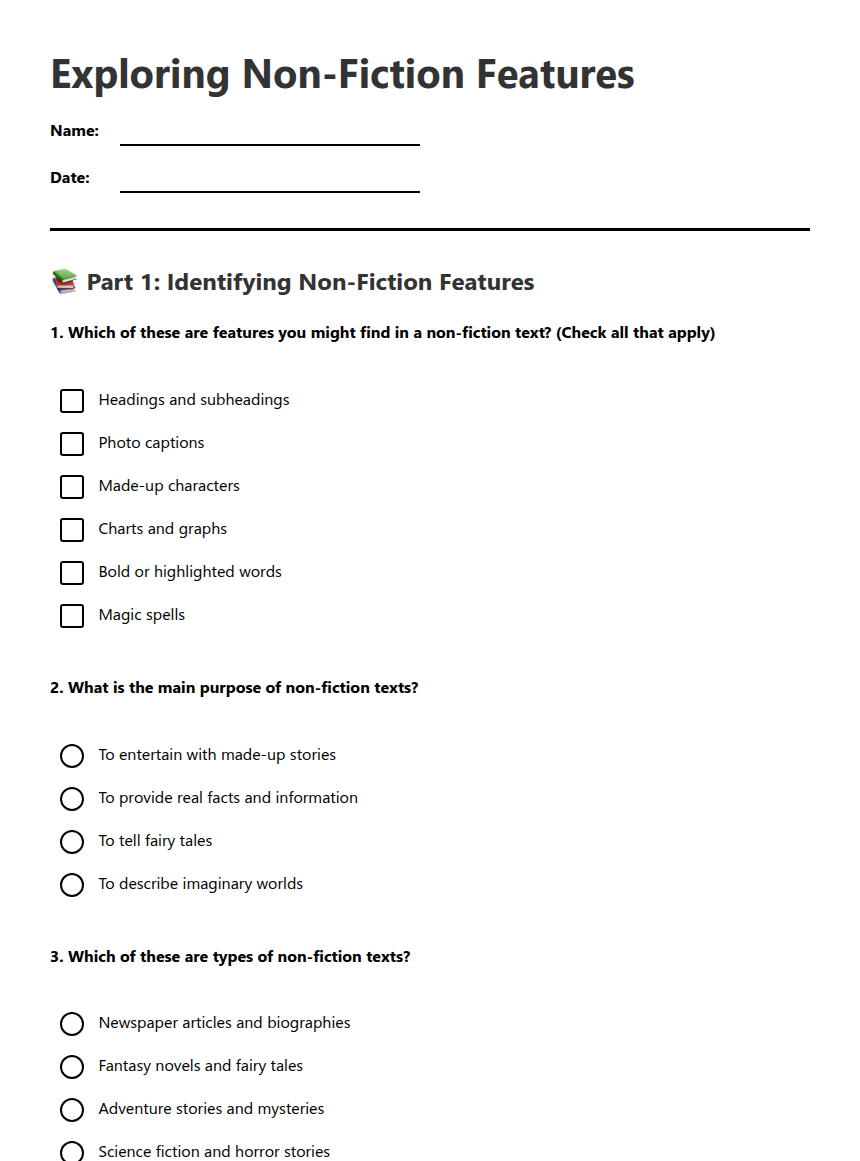 Exploring Non-Fiction Features — Free Printable Worksheet for English ...