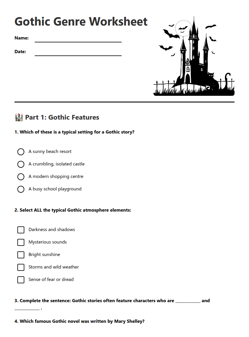 Gothic Genre Worksheet — Free Printable Worksheet for English | Kuraplan