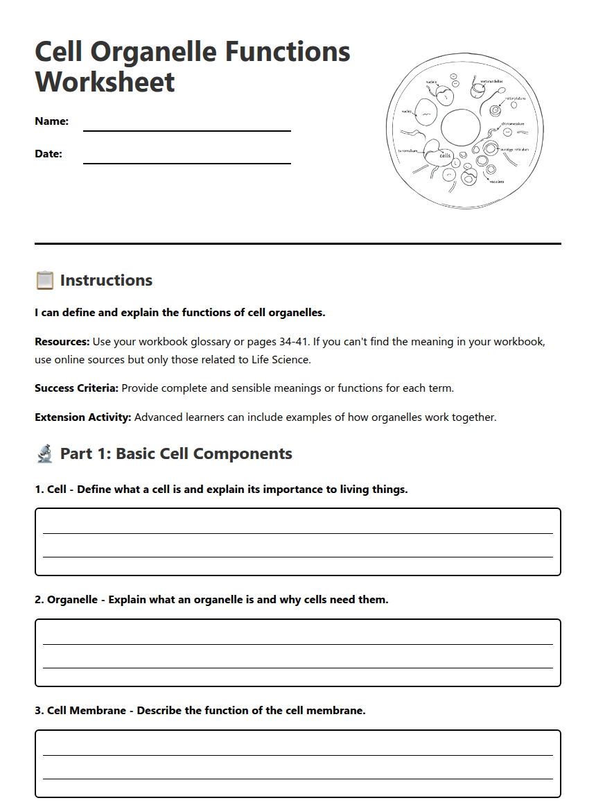 Cell Organelle Functions Worksheet — Free Printable Worksheet for ...