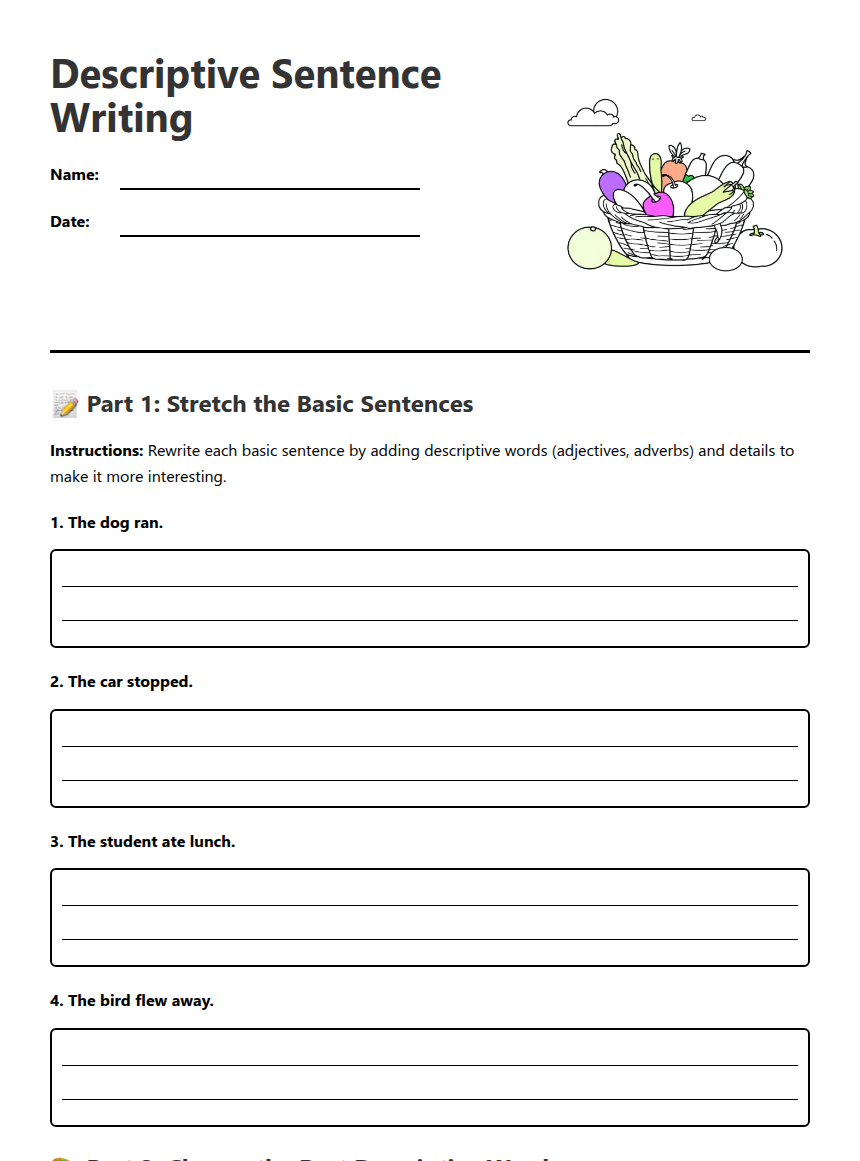 Descriptive Sentence Writing — Free Printable Worksheet for English ...