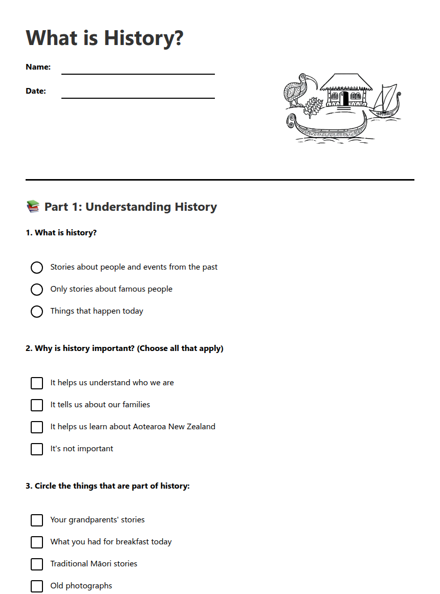 What is History? — Free Printable Worksheet for NZ History | Kuraplan