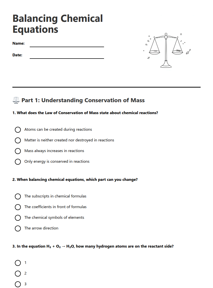 Balancing Chemical Equations — Free Printable Worksheet for Science ...