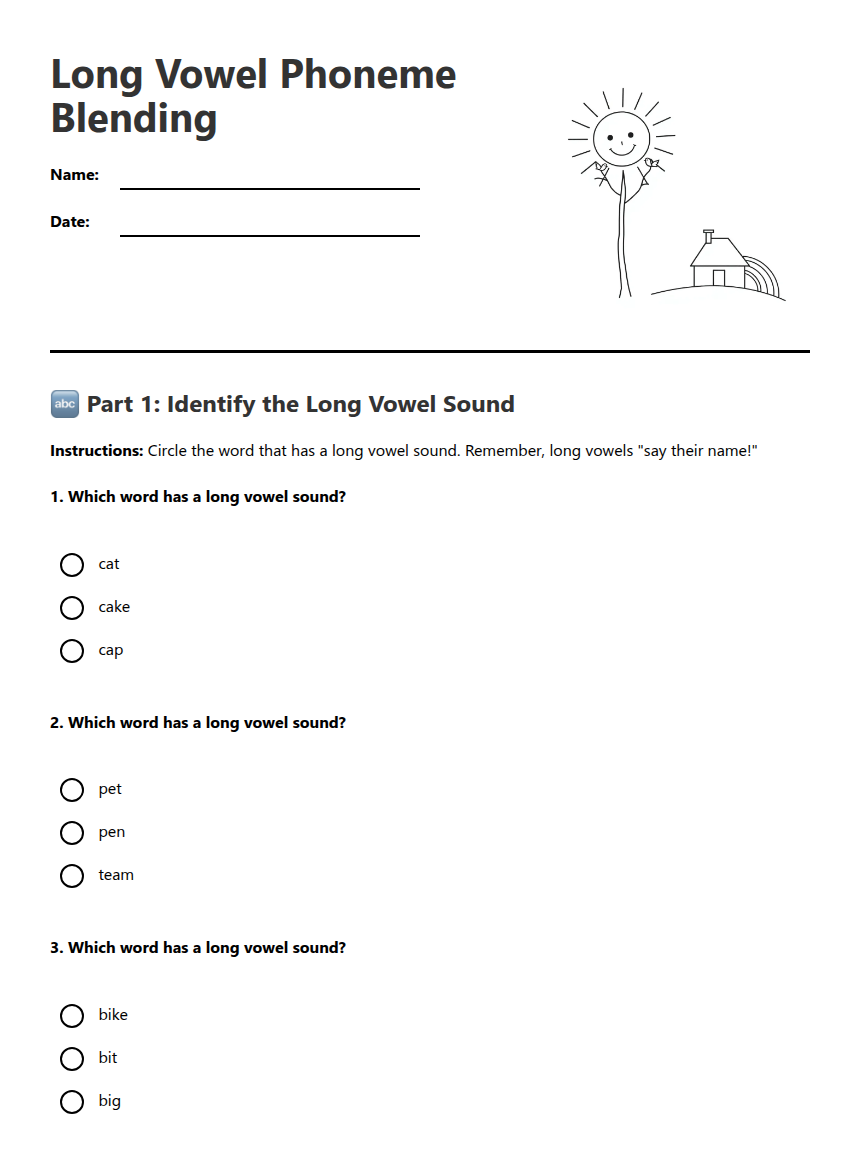 Long Vowel Phoneme Blending — Free Printable Worksheet for English (ELA ...