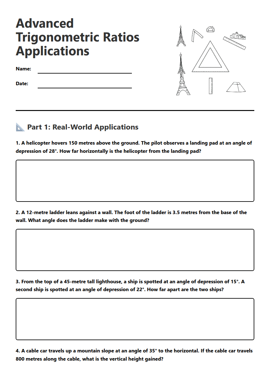 Advanced Trigonometric Ratios Applications — Free Printable Worksheet ...