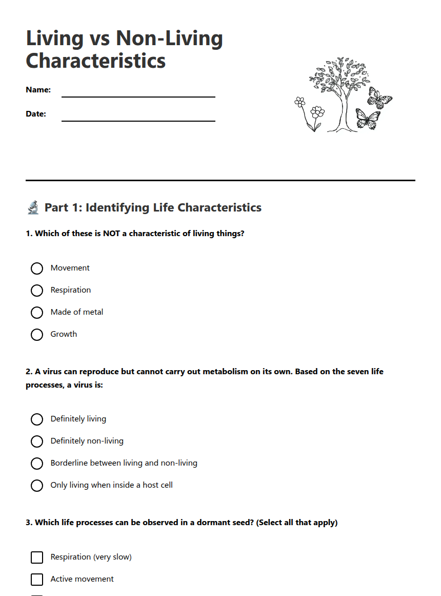 Living vs Non-Living Characteristics — Free Printable Worksheet for ...