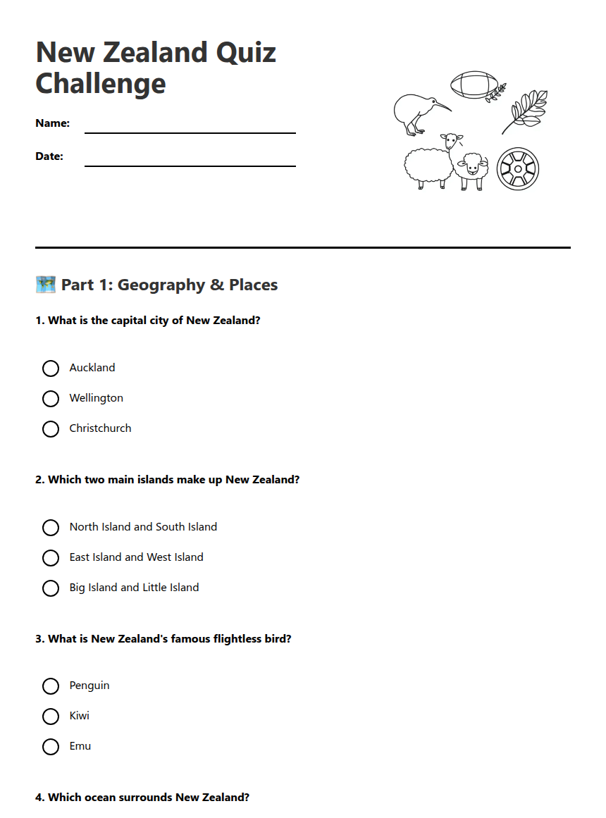 New Zealand Quiz Challenge — Free Printable Worksheet for English ...